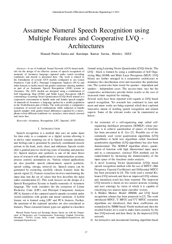 Pdf Assamese Numeral Speech Recognition Using Multiple Features And Cooperative Lvq Architectures‖