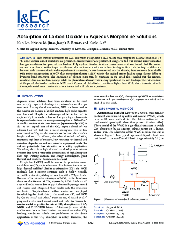 (PDF) Absorption of Carbon Dioxide in Aqueous Morpholine Solutions