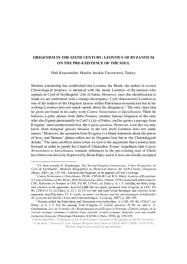 ORIGENISM IN THE SIXTH CENTURY: LEONTIUS OF BYZANTIUM ON THE PRE ...