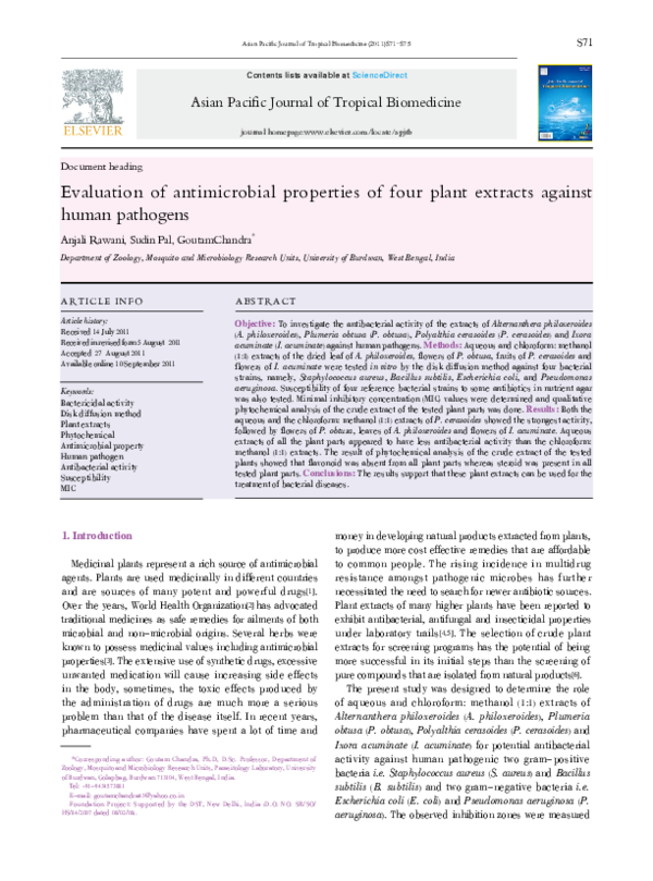 (PDF) Evaluation of antimicrobial properties of four plant extracts against human pathogens