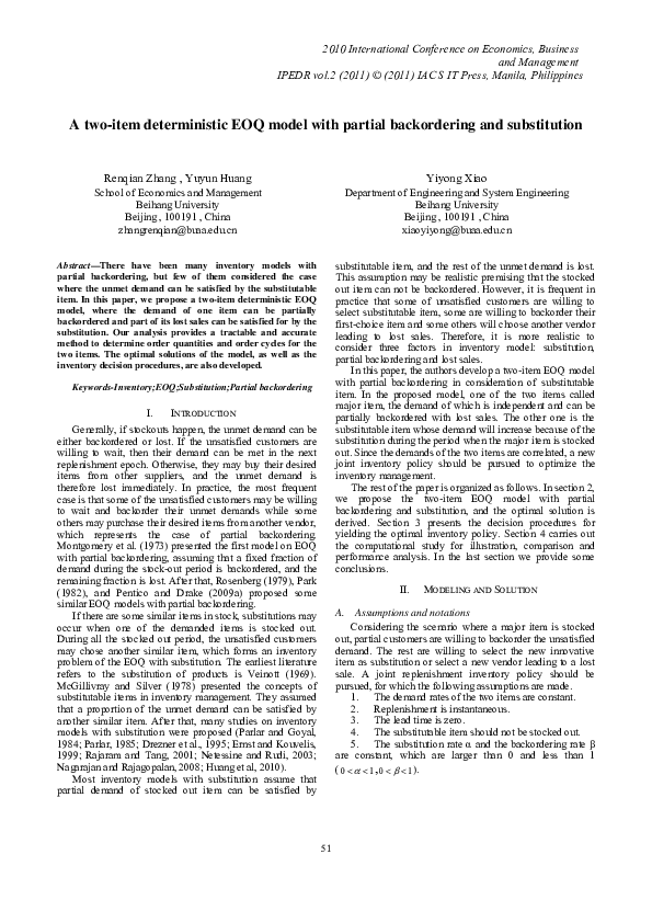 Pdf A Two Item Deterministic Eoq Model With Partial Backordering And Substitution