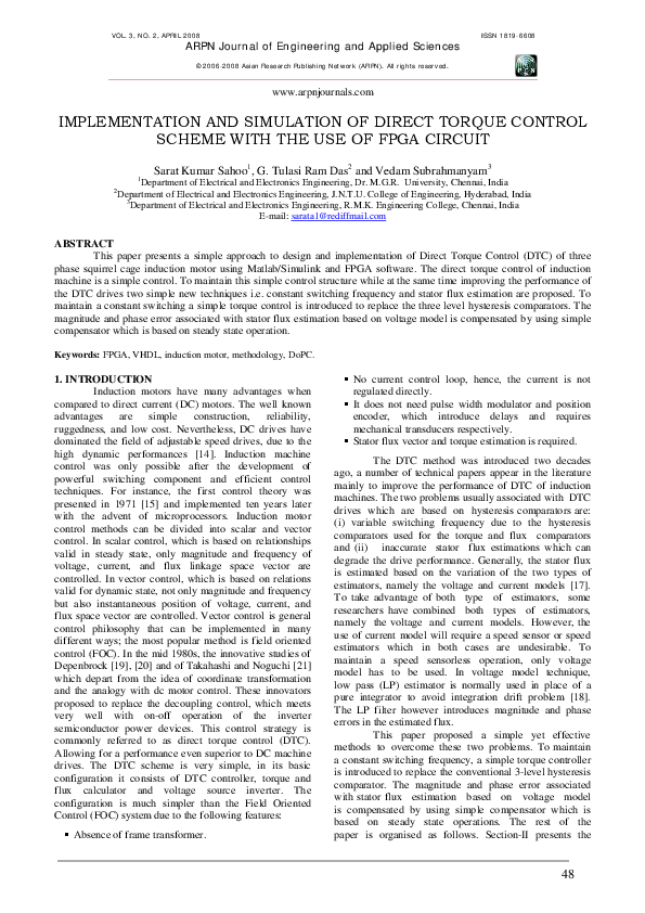 Pdf Implementation And Simulation Of Direct Torque Control Scheme With The Use Of Fpga Circuit