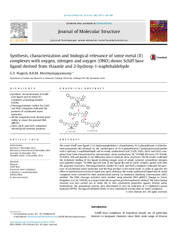 (PDF) Synthesis, characterization and biological relevance of some metal (II) complexes with ...