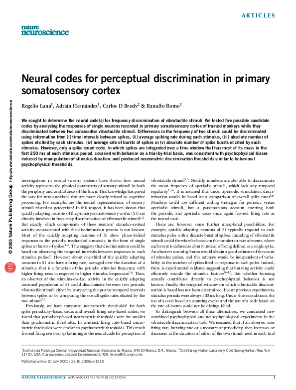 (PDF) Neural codes for perceptual discrimination in primary ...