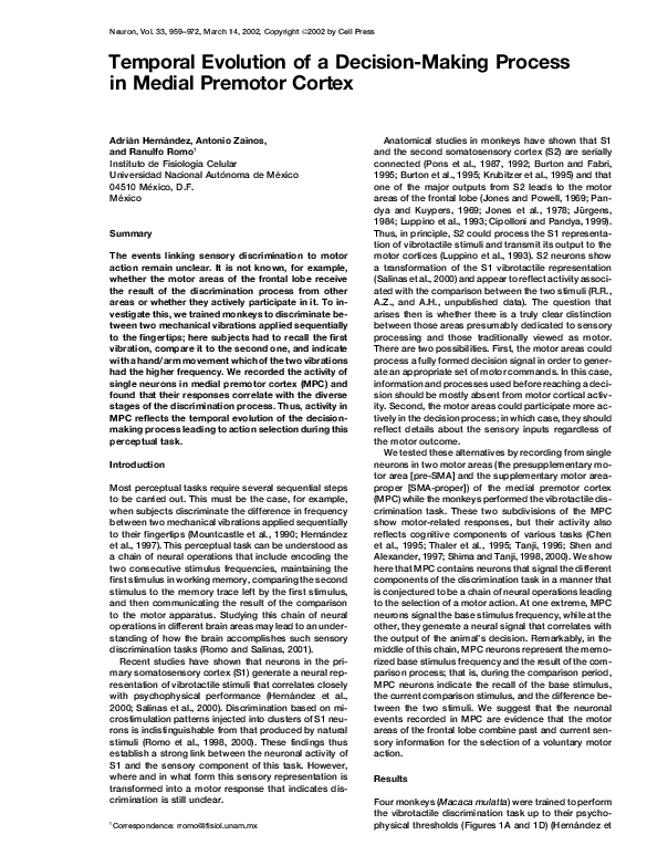 Pdf Temporal Evolution Of A Decision Making Process In Medial Premotor Cortex