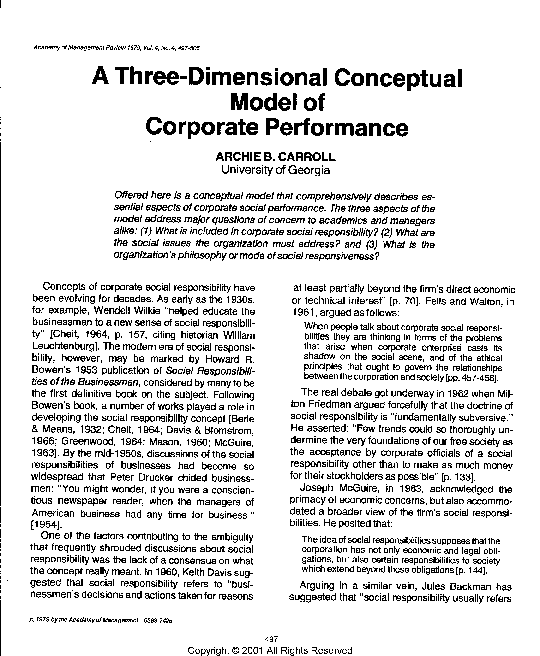 (PDF) A three dimensional conceptual model of corporate social performance