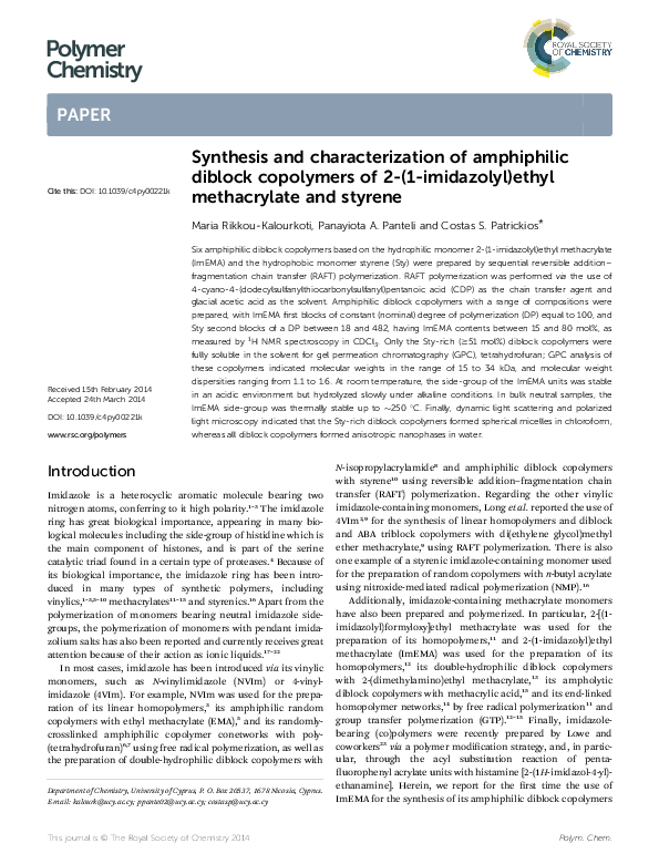 (PDF) Synthesis and characterization of amphiphilic diblock copolymers of 2-(1-imidazolyl)ethyl ...
