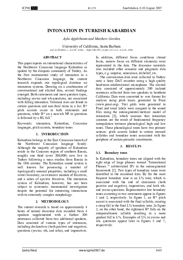 (PDF) INTONATION IN TURKISH KABARDIAN