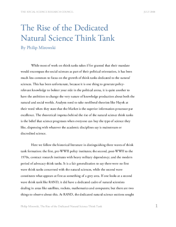 (PDF) The Rise of the Dedicated Natural Science Think Tank
