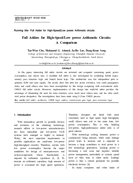 Pdf Full Adder For High Speedlow Power Arithmetic Circuits A Comparison