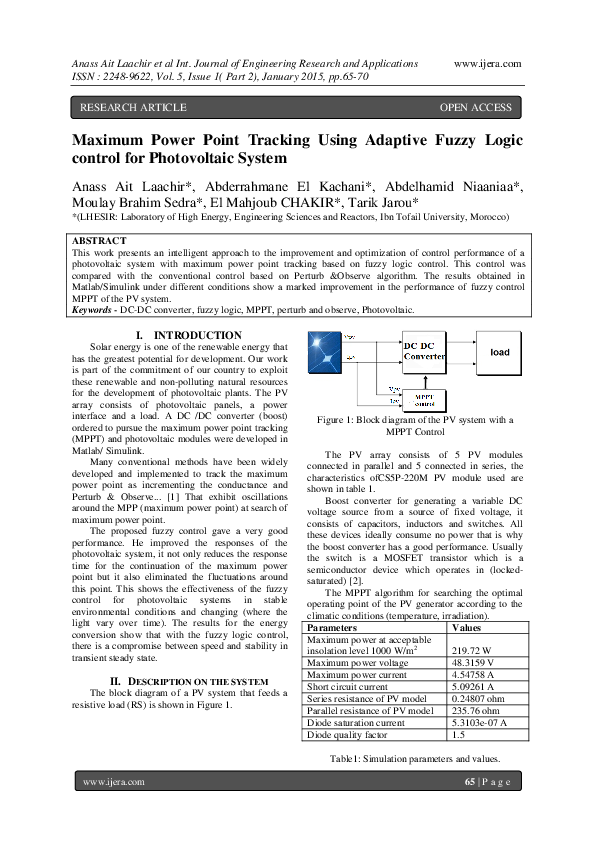 Pdf Maximum Power Point Tracking Using Adaptive Fuzzy Logic Control For Photovoltaic System