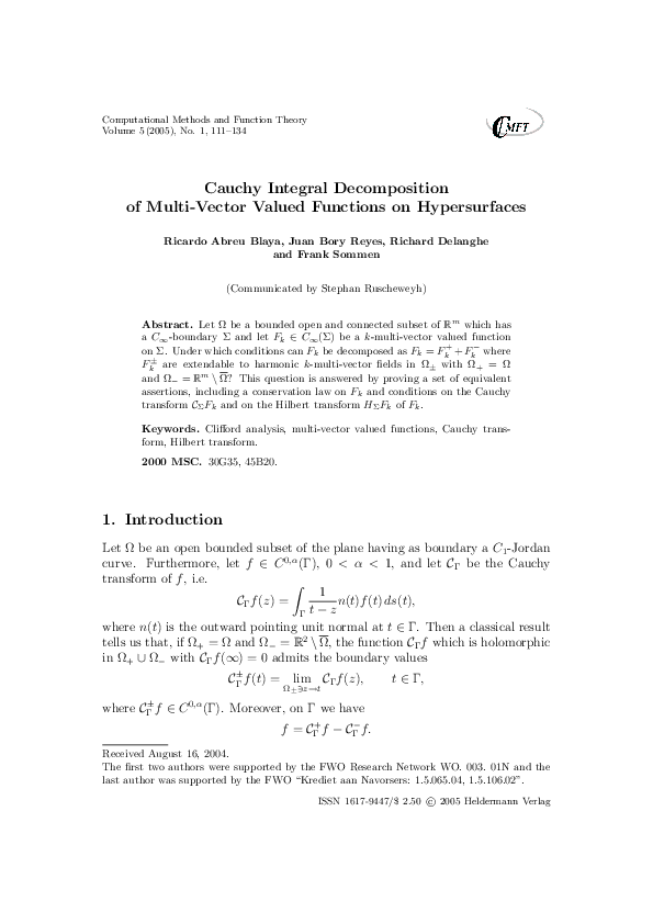 Pdf Cauchy Integral Decomposition Of Multivector Valued Functions On Hypersurfaces
