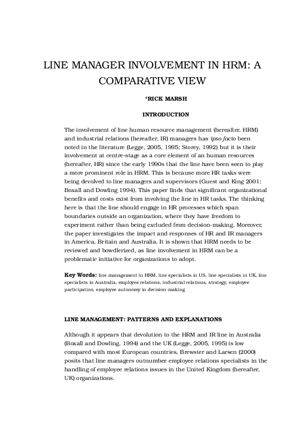 (DOC) LINE MANAGER INVOLVEMENT IN HRM: A COMPARATIVE VIEW 2015