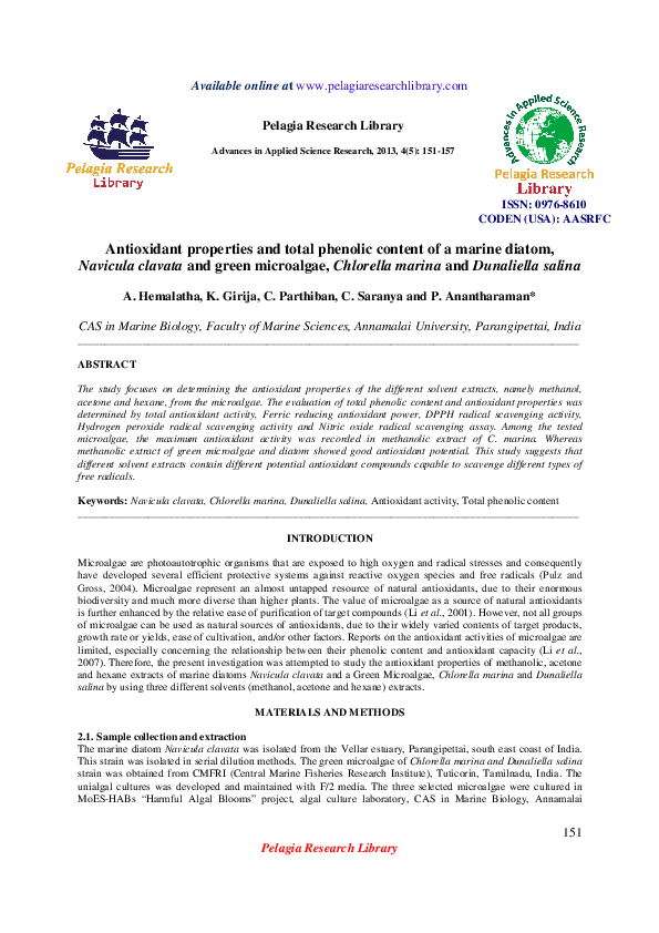 (PDF) Antioxidant properties and total phenolic content of a marine diatom, Navicula clavata and ...