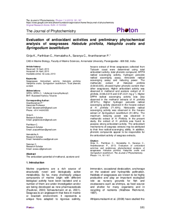 (PDF) Evaluation of antioxidant activities and preliminary ...