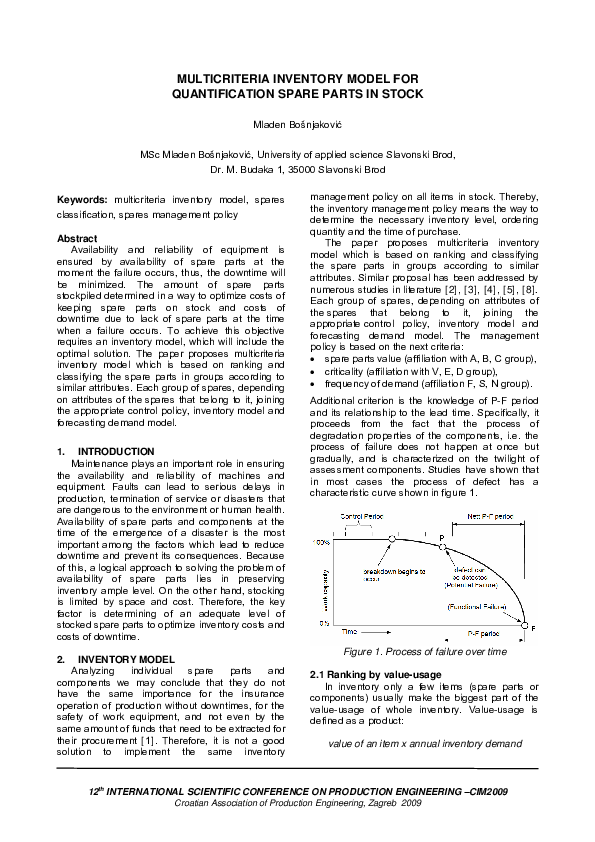 Pdf Multicriteria Inventory Model For Quantification Spare Parts In Stock