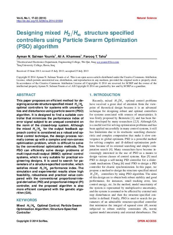 (PDF) Designing mixed H2/H∞ structure specified controllers using Particle Swarm Optimization ...