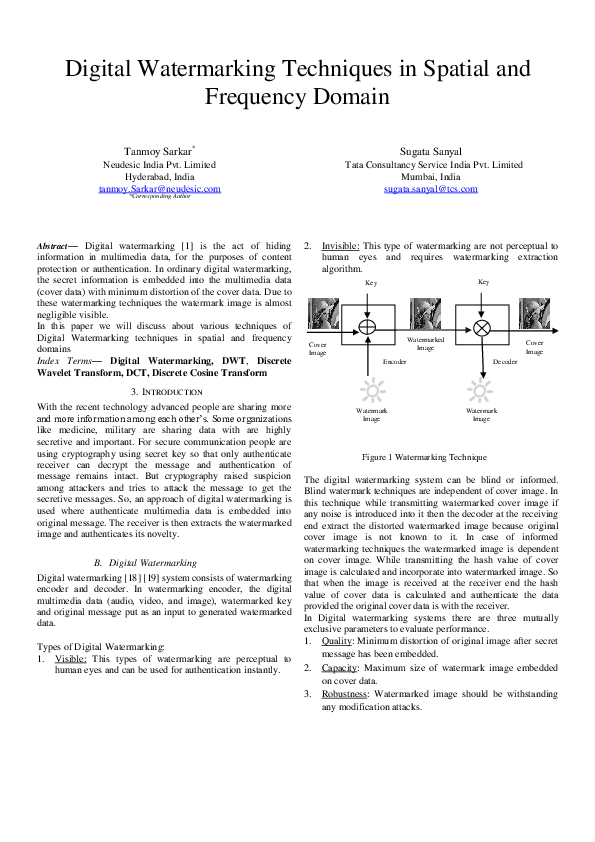 (PDF) Digital Watermarking Techniques in Spatial and Frequency Domain