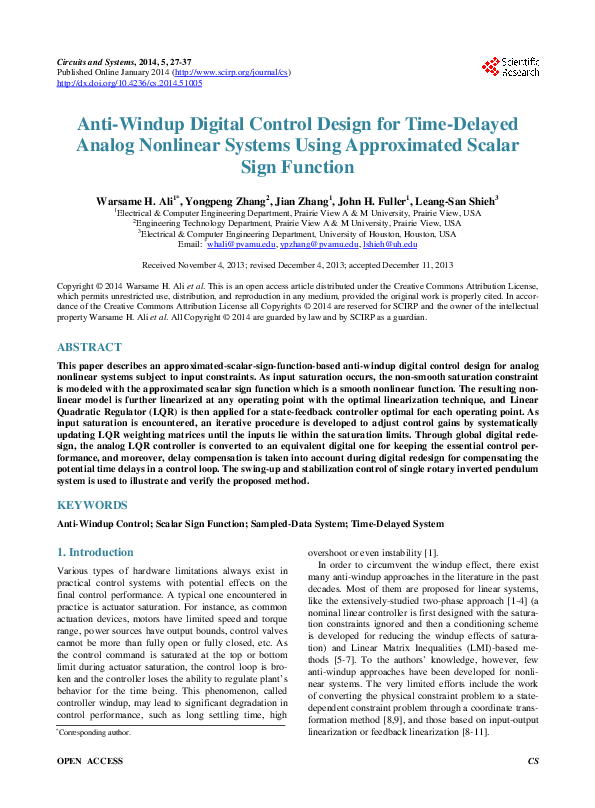 (PDF) Anti-Windup Digital Control Design for Time-Delayed Analog Nonlinear Systems Using ...