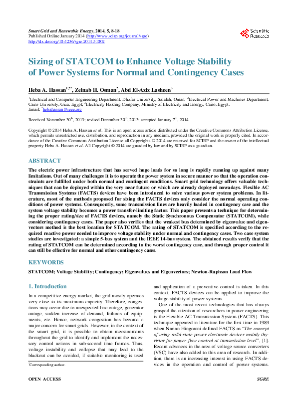 (PDF) Sizing of STATCOM to Enhance Voltage Stability of Power Systems for Normal and Contingency ...