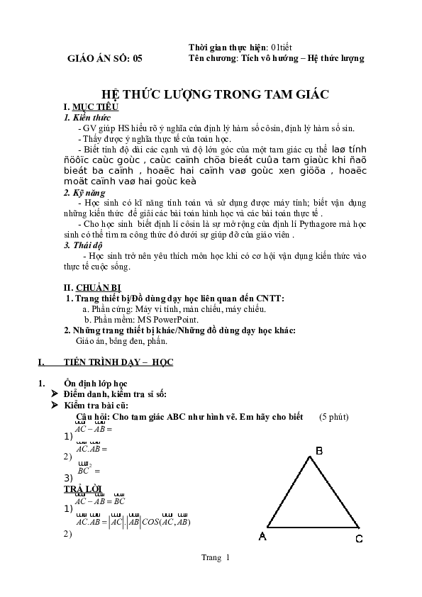 (DOC) GIÁO ÁN S : 05 Tên ch ng: H TH C L NG TRONG TAM GIÁC