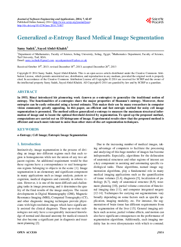 (PDF) Generalized α-Entropy Based Medical Image Segmentation