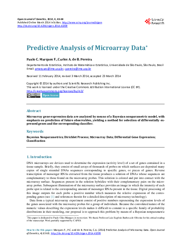 Pdf Predictive Analysis Of Microarray Data