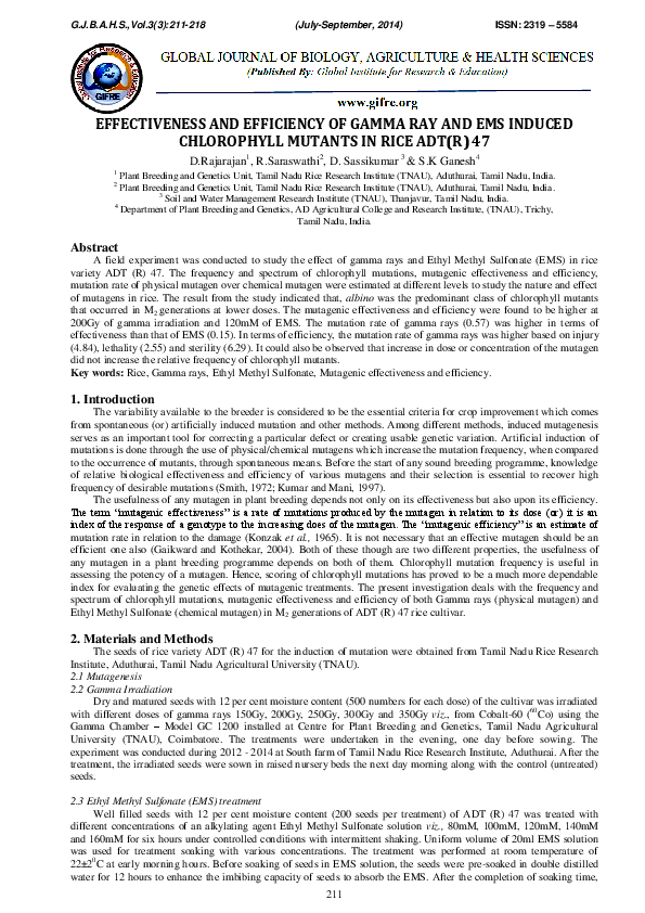 (PDF) EFFECTIVENESS AND EFFICIENCY OF GAMMA RAY AND EMS INDUCED CHLOROPHYLL MUTANTS IN RICE ADT ...