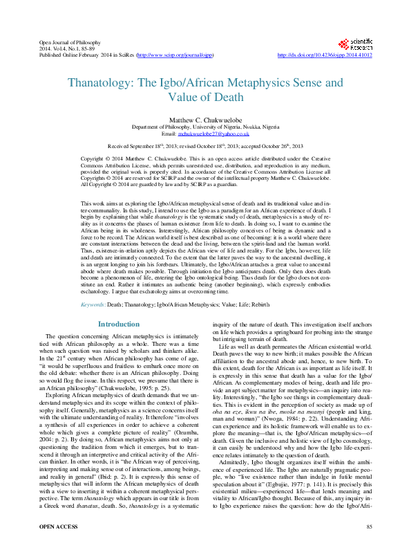 (PDF) Thanatology: The Igbo/African Metaphysics Sense and Value of Death