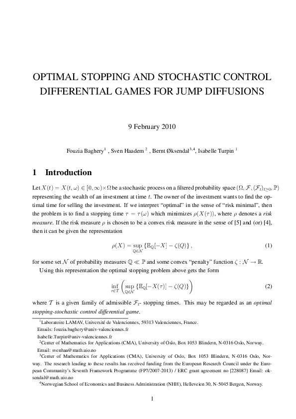 (PDF) OPTIMAL STOPPING AND STOCHASTIC CONTROL DIFFERENTIAL GAMES FOR JUMP DIFFUSIONS