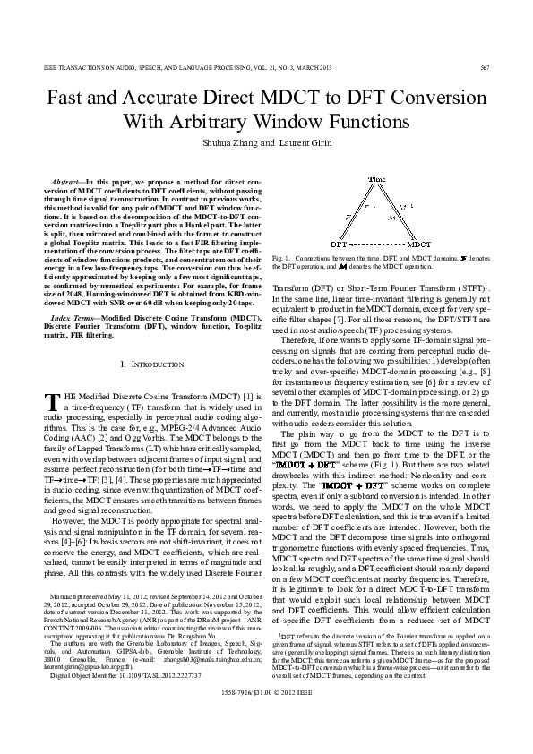 (PDF) Fast and Accurate Direct MDCT to DFT Conversion With Arbitrary Window Functions