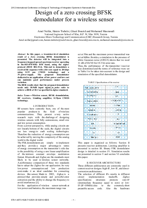 (PDF) Design of a zero crossing BFSK demodulator for a wireless sensor