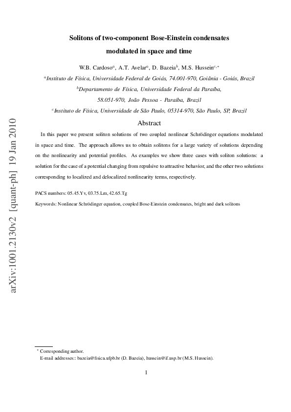 Pdf Solitons Of Two Component Bose Einstein Condensates Modulated In Space And Time