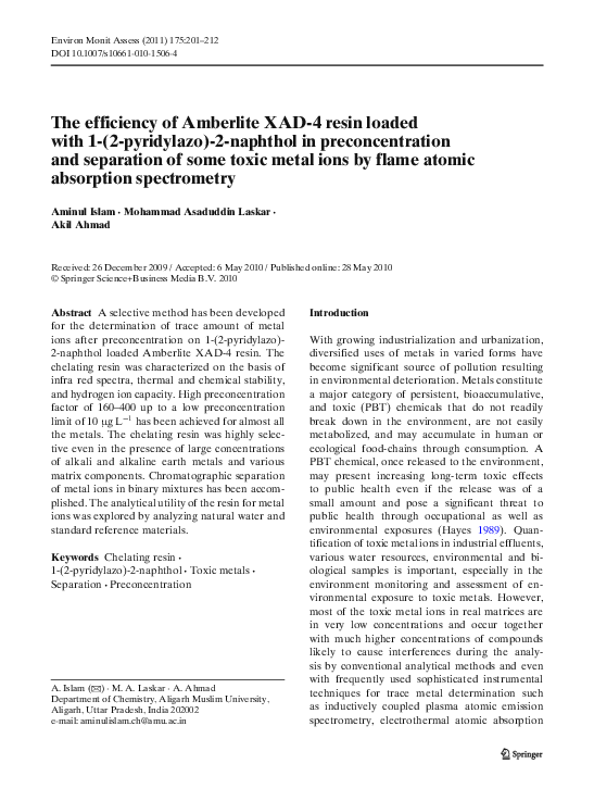 (PDF) The efficiency of Amberlite XAD-4 resin loaded with 1-(2-pyridylazo)-2-naphthol in ...
