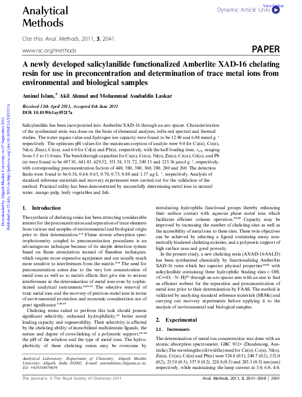 (PDF) A newly developed salicylanilide functionalized Amberlite XAD-16 chelating resin for its ...