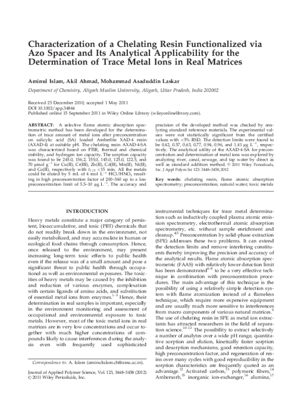 (PDF) Characterization of a chelating resin functionalized via azo spacer and its analytical ...