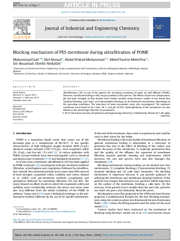 (PDF) Blocking mechanism of PES membrane during Ultrafiltration of POME
