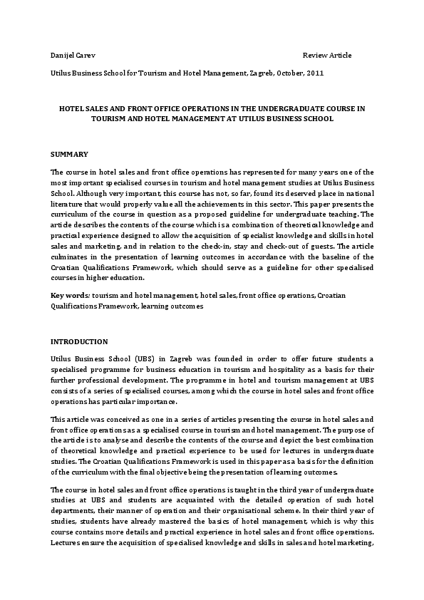 (PDF) Hotel Sales and Front Office Operations in the undergraduate ...