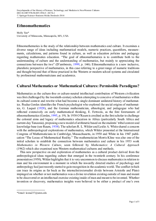 (PDF) Ethnomathematics. In The Encyclopedia of the History of Science ...