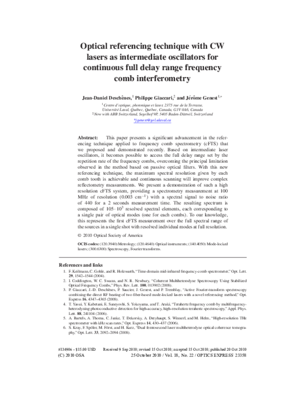 (PDF) Optical referencing technique with CW lasers as intermediate oscillators for continuous ...