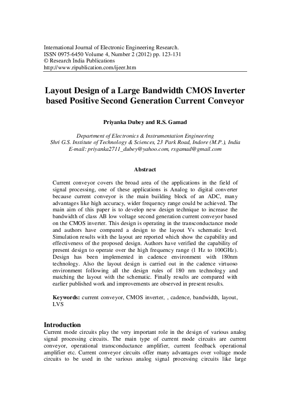 Pdf Layout Design Of A Large Bandwidth Cmos Inverter Based Positive Second Generation Current