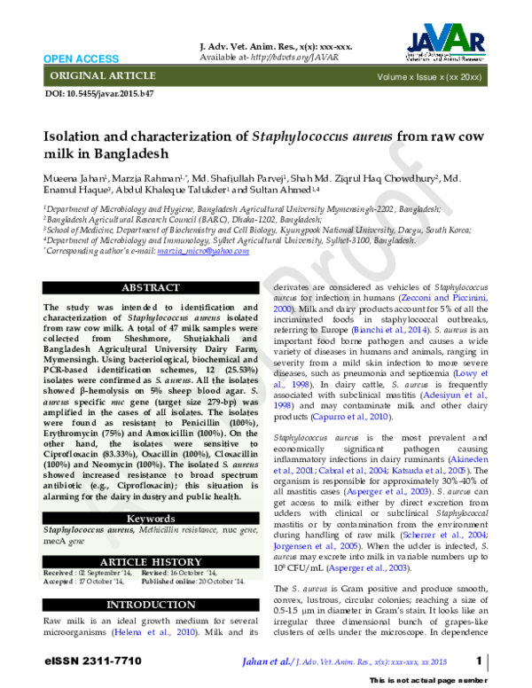 (PDF) Isolation and characterization of Staphylococcus aureus from raw cow milk in Bangladesh