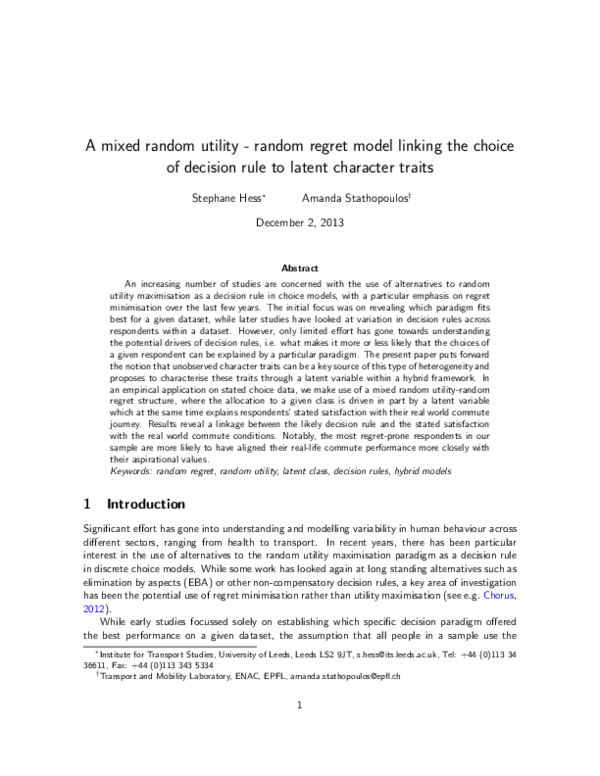 Pdf A Mixed Random Utility Random Regret Model Linking The Choice Of