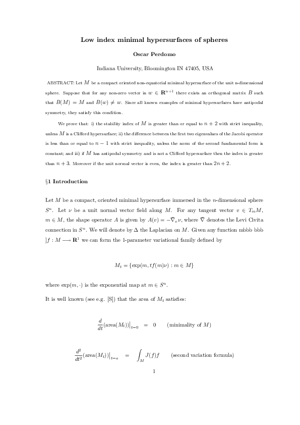 Pdf Low Index Minimal Hypersurfaces Of Spheres