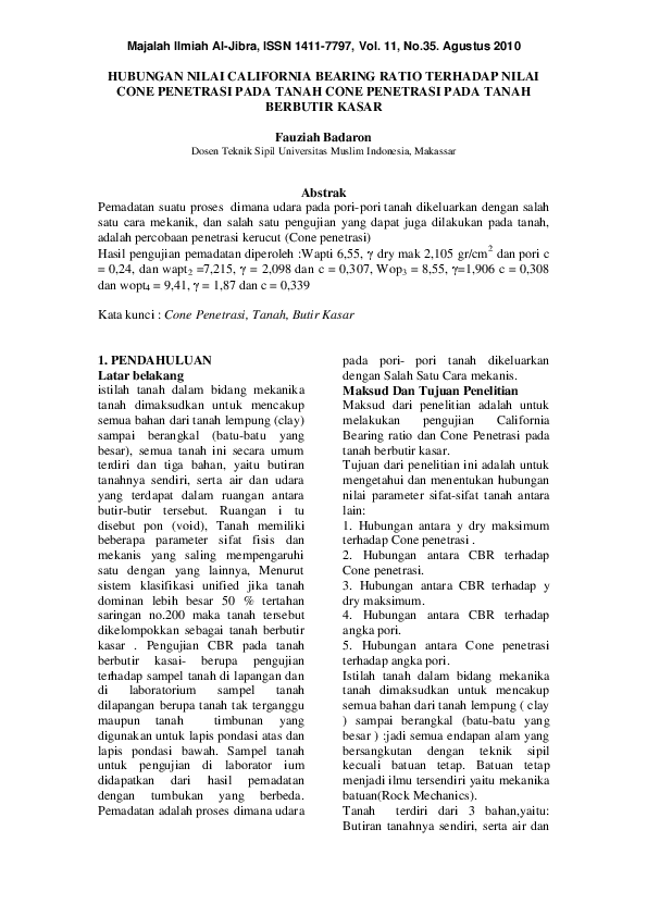 (PDF) HUBUNGAN NILAI CALIFORNIA BEARING RATIO TERHADAP NILAI CONE ...