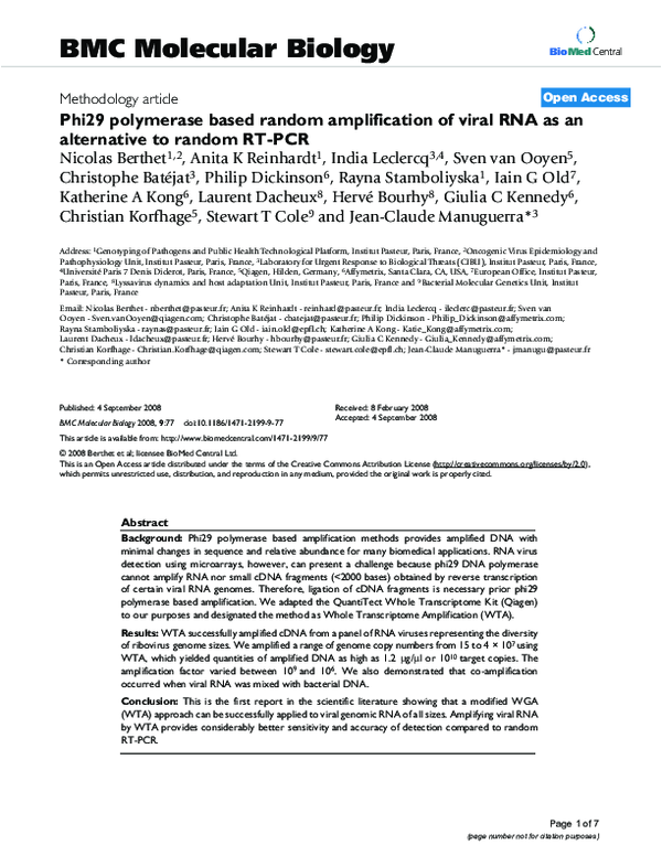 (PDF) Phi29 polymerase based random amplification of viral RNA as an alternative to random RT-PCR