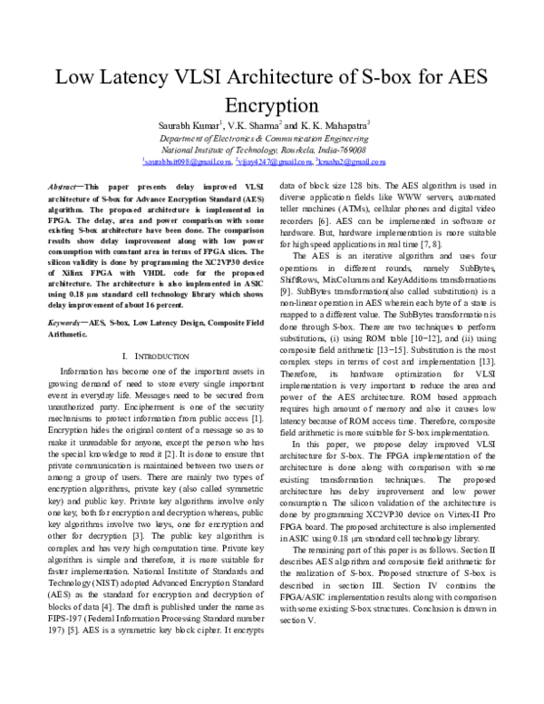 Low Latency VLSI Architecture of S-box for AES Encryption