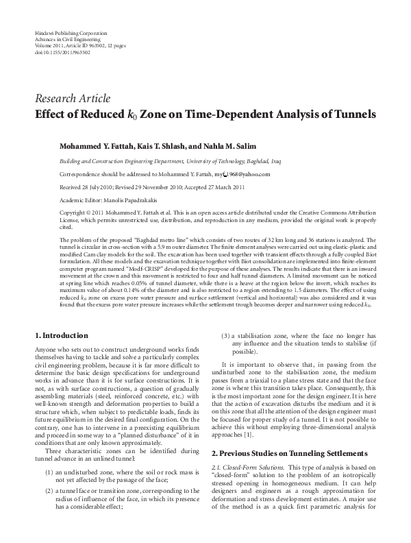 (PDF) Effect of Reduced k0 Zone on Time-Dependent Analysis of Tunnels