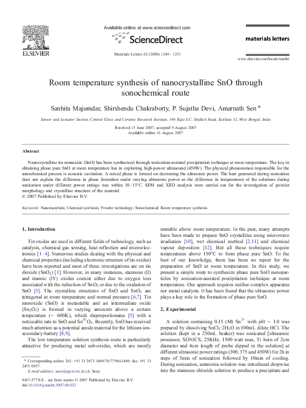 (PDF) Room temperature synthesis of nanocrystalline SnO through sonochemical route