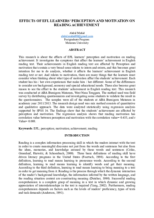 (DOC) The Effect of EFL Learners' Perception and Motivation on Their ...